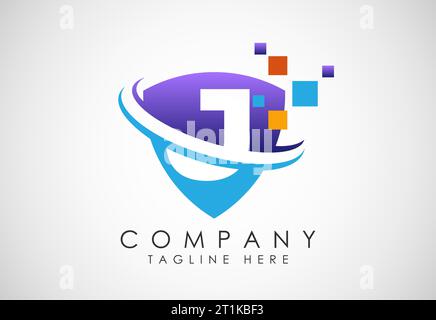 English alphabet with shield, swoosh and data pixel. Creative ...