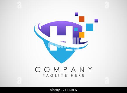 English alphabet with shield, swoosh and data pixel. Creative ...