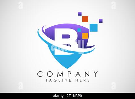 English alphabet with shield, swoosh and data pixel. Creative ...