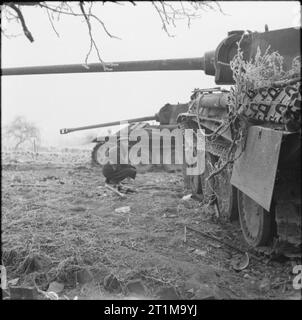 British Army soldier inspects two German PzKpfw tanks destroyed by 46th ...