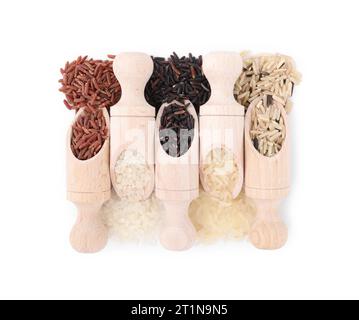Scoops with different sorts of rice as background, top view Stock Photo ...