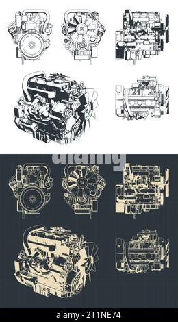 Stylized vector illustrations of blueprints of powerful turbocharged V ...