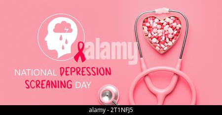 Banner for National Depression screening day with pills, glass of water ...