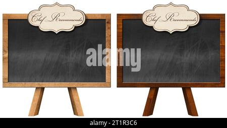 Two empty blackboards with wooden frame and easel isolated on white ...
