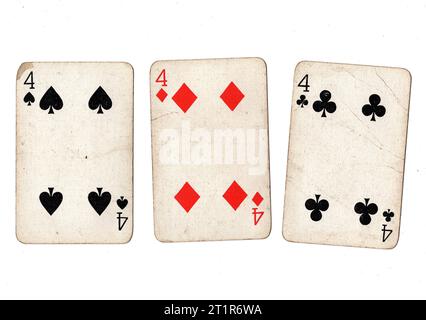 Vintage playing cards featuring three threes on a white background ...