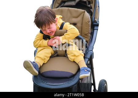 The crying baby in the stroller creates a sad expression on his face in ...
