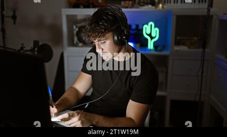 Young hispanic man streamer sitting on table taking notes at gaming ...