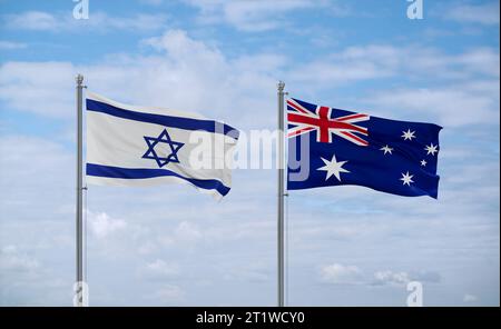 Israel and Australia flags waving together on blue cloudy sky, two ...
