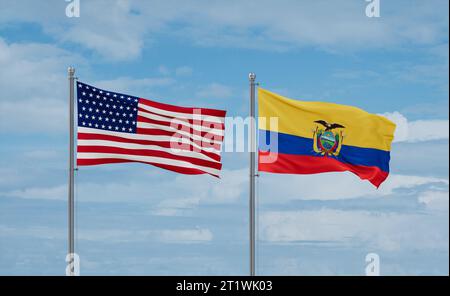USA and Ecuador flags waving together in the wind on blue cloudy sky ...