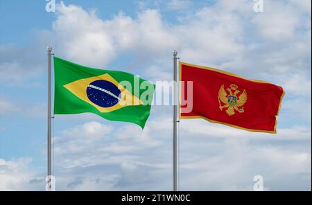 Montenegro and Brazil flags waving together in the wind on blue cloudy ...