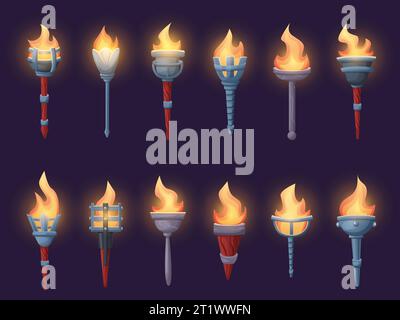 Medieval fire torch, game asset. Cartoon vector ancient burning brands ...