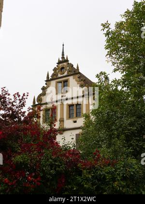 Baroque stepped gable on an old house in Schöntal Abbey in Jagst Valley ...