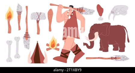Cartoon cavemen hunting mammoth. Stone age people with spears and ...