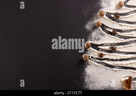 Anis seeds and christmas tree shape in flour with copy space on black ...