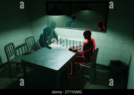 Police interrogation room captured from a high angle. Silhouettes of a ...