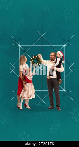 Contemporary art collage. Little retro boy playing, having fun isolated ...