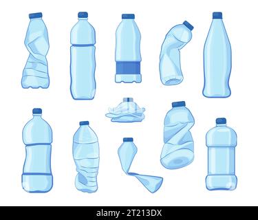 Plastic bottles. Crumpled broken containers and bottles exact vector ...