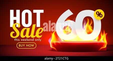 60 percent Off. Hot sale banner with burning numbers. Discount poster ...