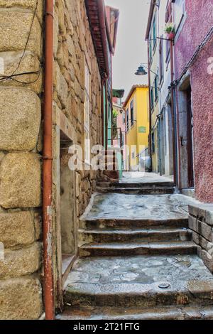 Narrow corridor in between to buildings overlooking an interior patio ...
