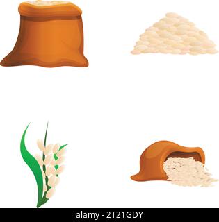 Rice cultivation icons set cartoon vector. Growing and storing rice ...
