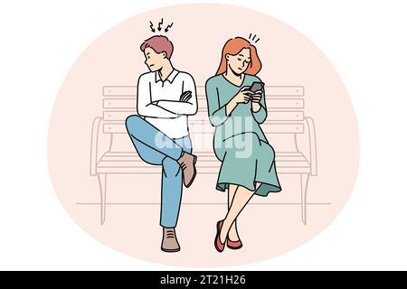 Angry man mad at busy woman using cellphone texting or messaging online ...