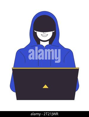 Hacker in hood smiling flat line black white vector character Stock ...