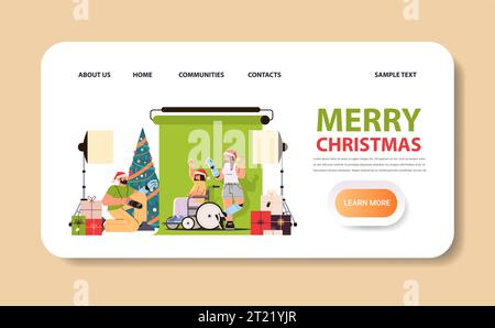 disabled man photographer in santa claus christmas hat doing photo of ...