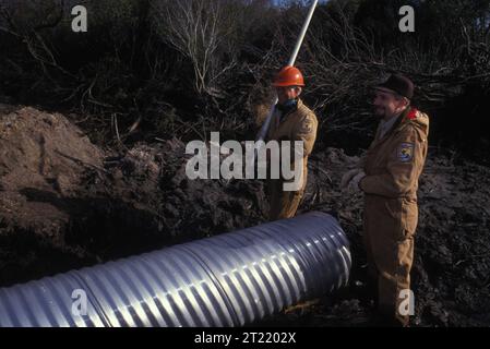 Employees work together to install a water control pipe Stock Photo - Alamy