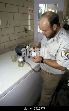 A fisheries biologist works at the Craig Brook National Fish Hatchery ...