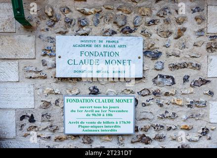 A stone Fondation Claude Monet tablet at the entrance to Giverny, the ...