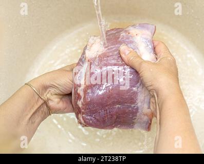 Women's hands wash and clean meat at the kitchen sink Stock Photo - Alamy