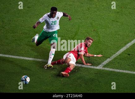 Republic of Ireland’s Chiedozie Ogbene is tackled by Gibraltar’s Ethan ...