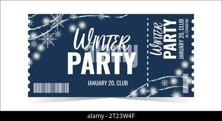 Winter Party Ticket layout template card design. Christmas balls golden ...