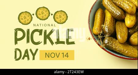 Banner for National Pickle Day with canned cucumbers on white ...