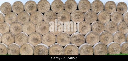 An agricultural field with haystacks, stack of round hay balls Stock ...