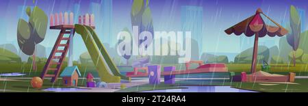 Children playground in rainy weather. Vector cartoon illustration of ...