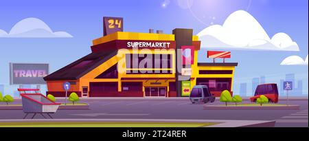 Car parking near supermarket mall building vector background. Grocery ...