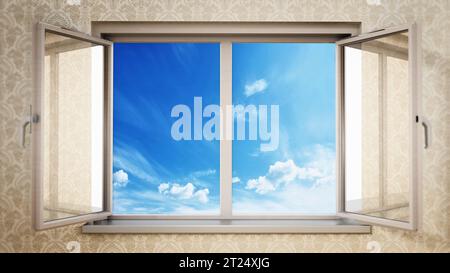 Half open windows inside an empty room opening to blue sky. 3D ...