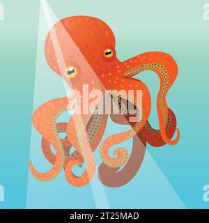 Cartoon giant red kraken octopus with golden key of pirate treasure in ...