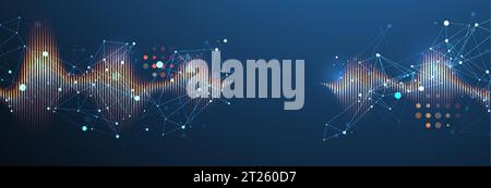 Sound wave with plexus effect. Dynamic vibration wallpaper. Frequency pulse modulation vector ...