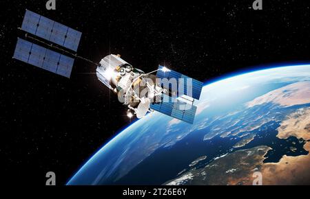 Express-A telecommunication satellite at Earth orbit. 3d rendering ...