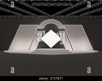 Event stage with a large center rectangular projection screen and two ...