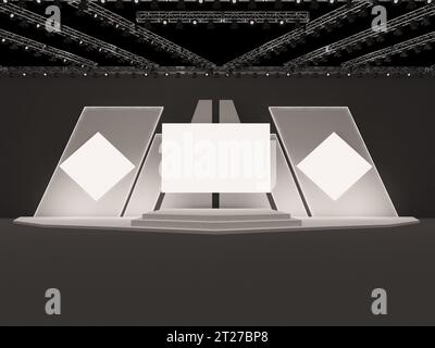 Event stage with a large center rectangular projection screen and two ...