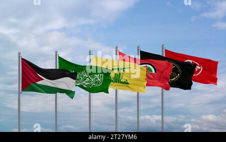 Palestine Liberation Organizations flags waving together in the wind ...