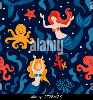Mermaid and octopuses, corals and algae. Ocean, fairy-tale creatures ...