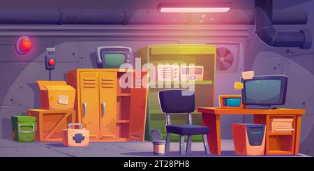 Bunker basement room interior. Vector cartoon illustration of dark ...