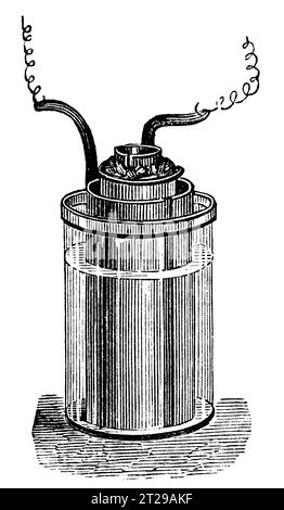 An old engraving of Daniell’s battery cell of 1836. It is from a book ...