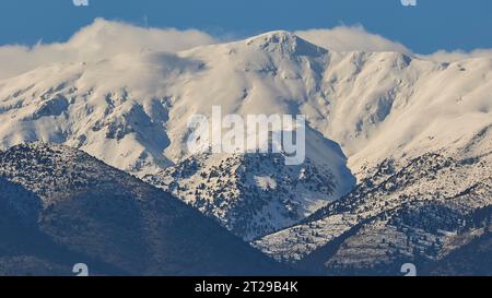 Snow-capped mountain peaks, Lefka Ori, White mountains, clouds, blue ...