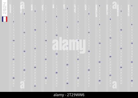 One-row vertical calendar for the year 2025 in French. French calendar ...