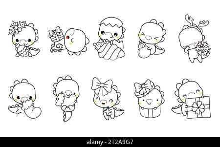 Set of Kawaii Christmas Dino Coloring Page. Collection of Cute Vector ...